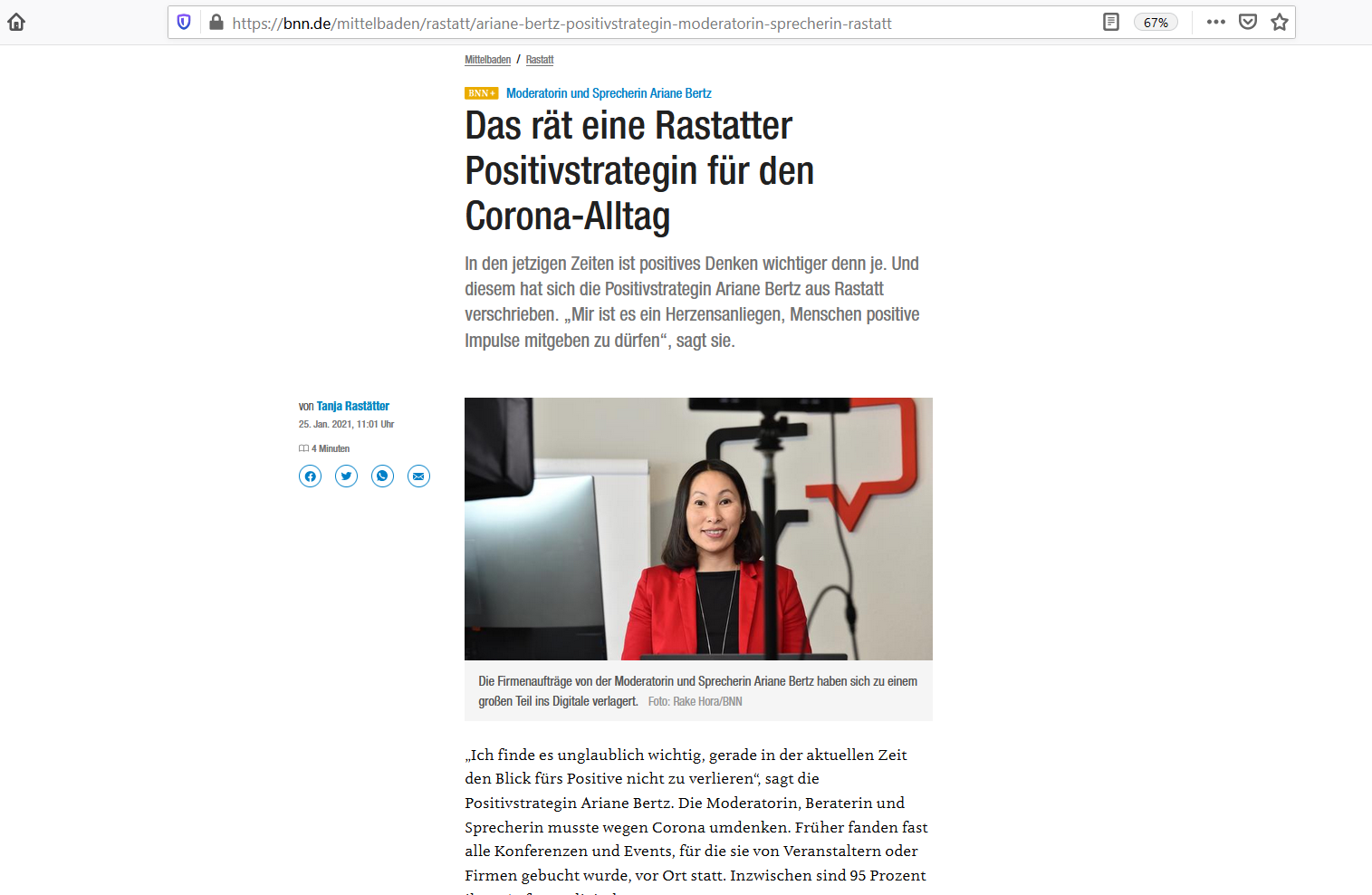 Presseartikel in der BNN mit Tipps für den Corona-Alltag - Ariane Bertz